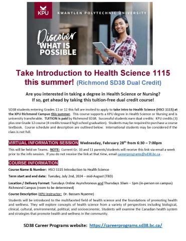 Take KPU Intro to Health Sciences this summer - Tuition Free! | Palmer Secondary School